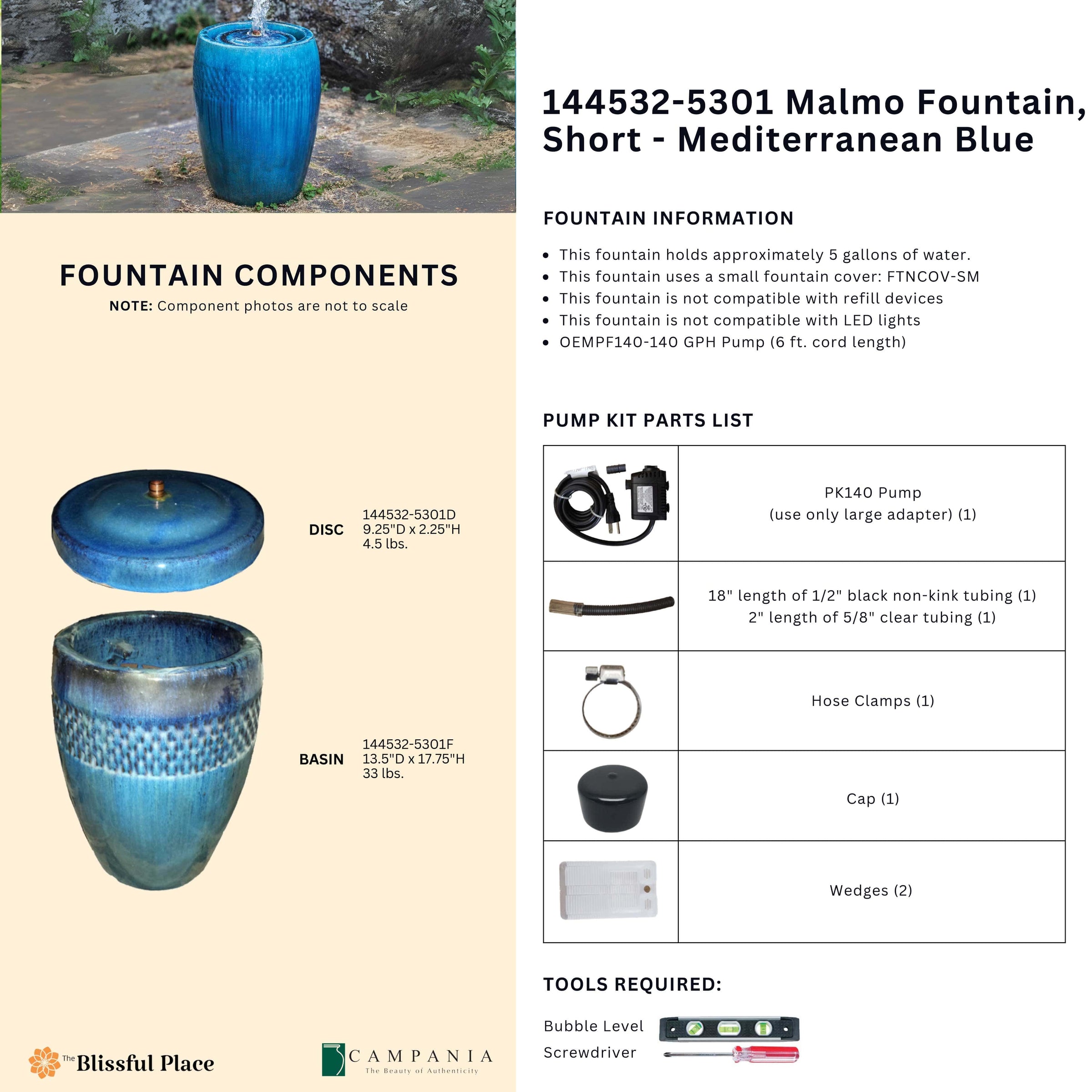 Malmo Fountain, Short-Mediterranean Blue Campania【Backyard Envy】 — The ...