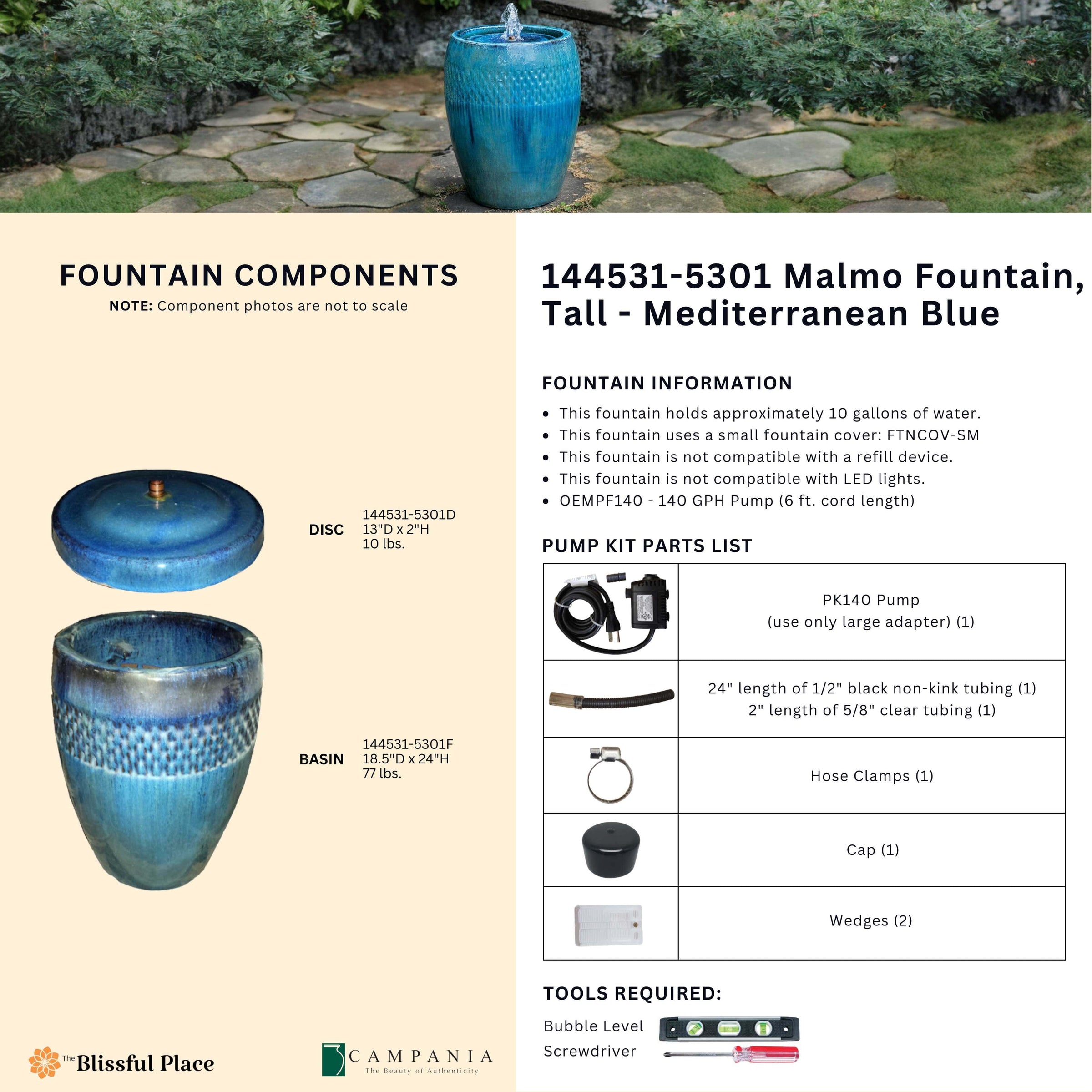 Malmo Fountain, Tall-Mediterranean Blue Campania【Backyard Bliss】 — The ...